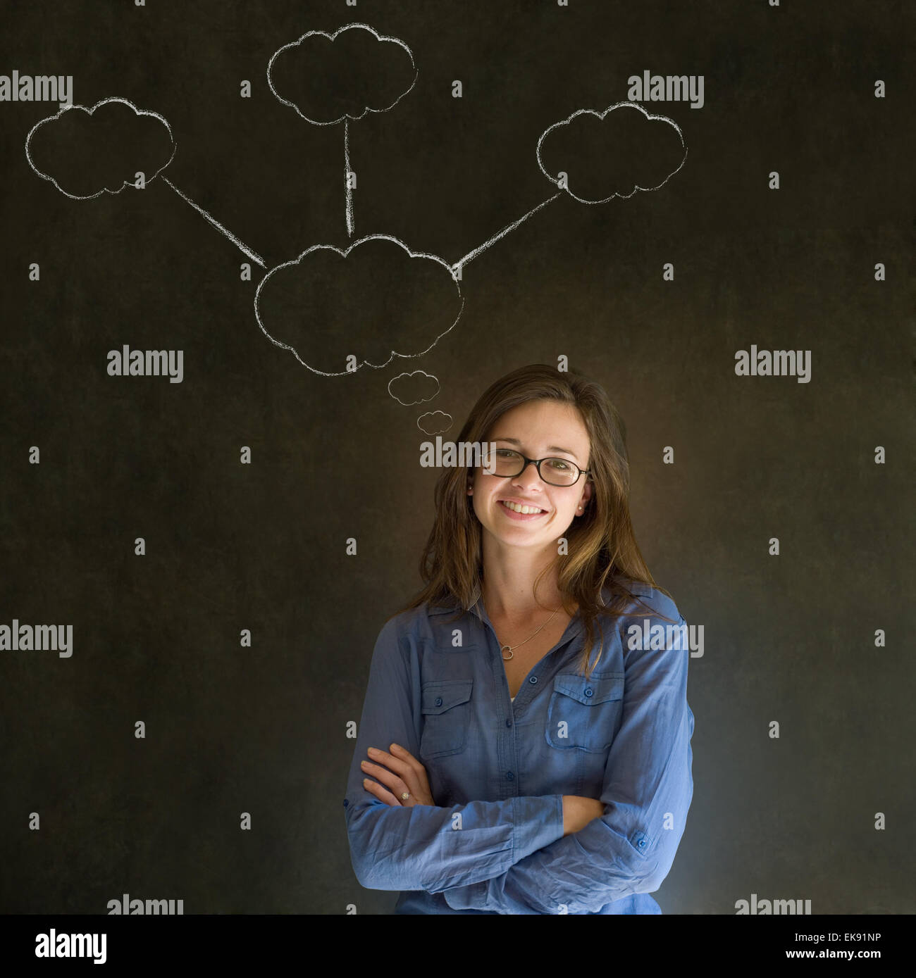 Thinking business woman with chalk cloud thoughts Stock Photo - Alamy