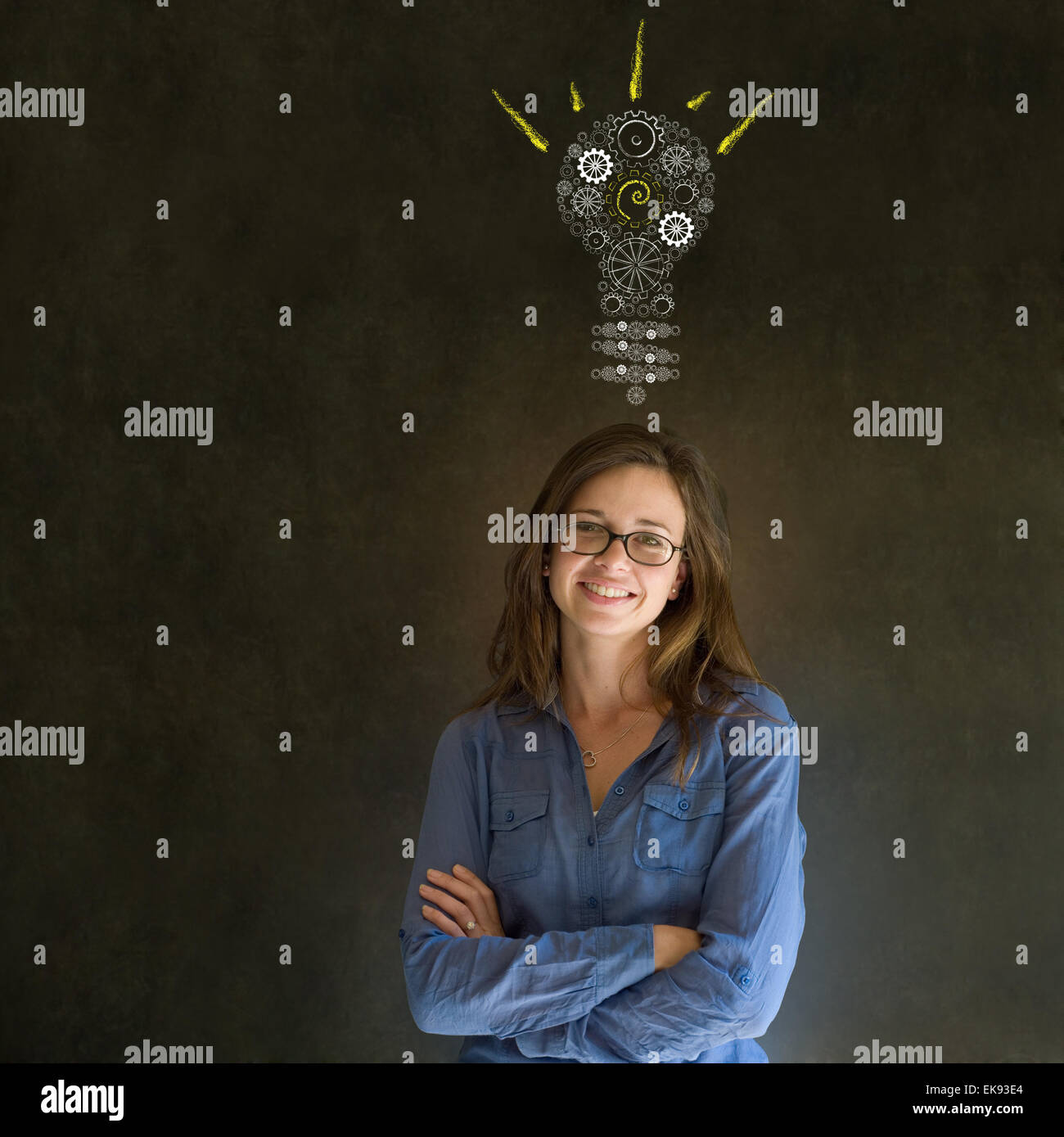 Bright idea gear lightbulb business woman Stock Photo - Alamy