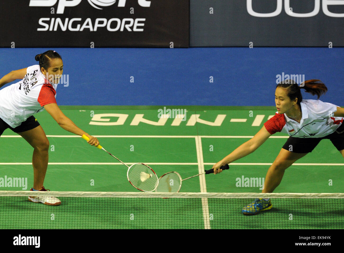 Singapore. 8th Apr, 2015. Yu Yan Vanessa Neo (R)/Shinta Mulia Sari of Singapore compete against ...