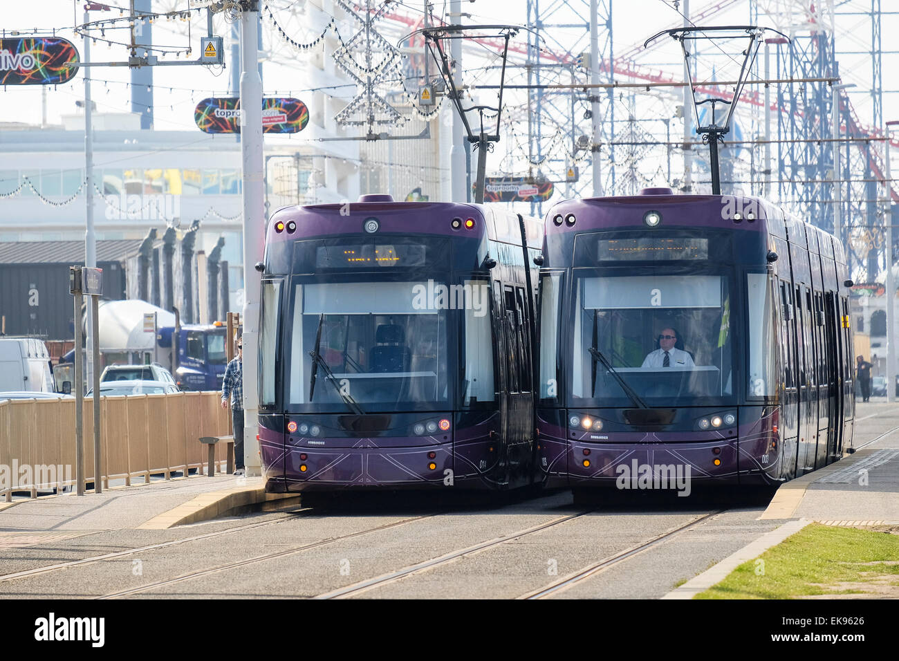 Blackpool, Lancashire: Two of Blackpool's newest trams side by side on ...