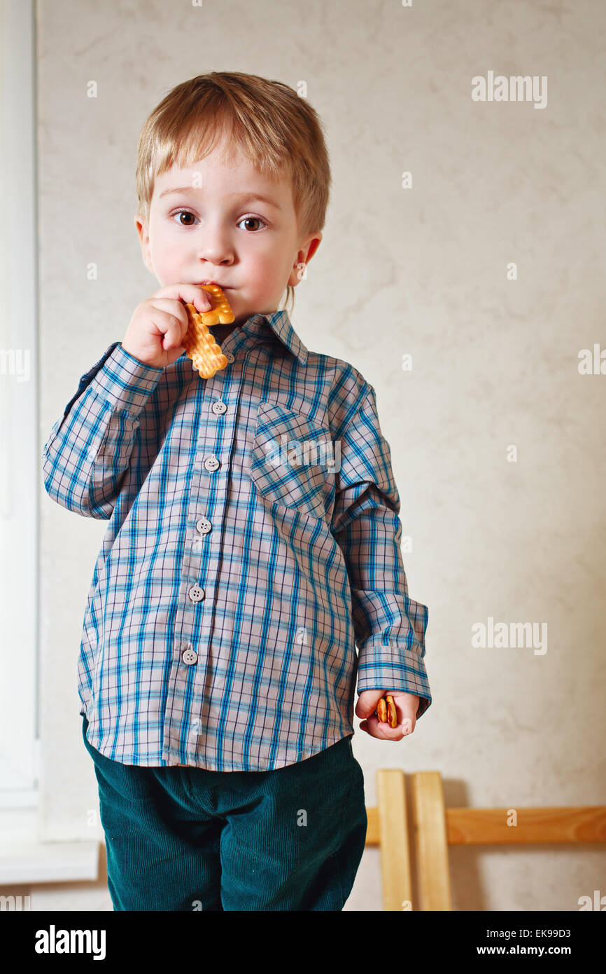 Portrait of little cute boy eating cookies. The concept of simple ...