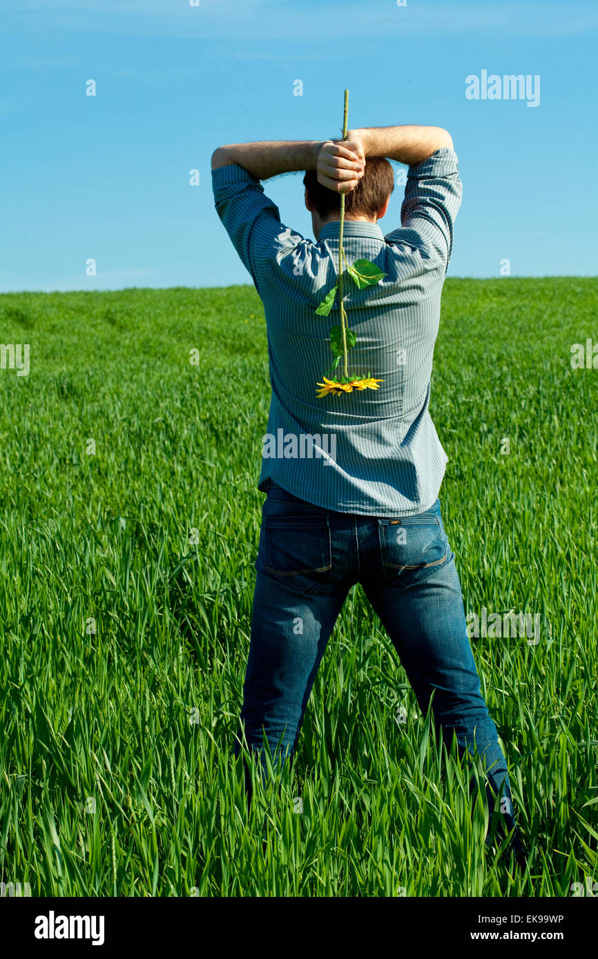 young man standing with a sunflower in the green field Stock Photo - Alamy