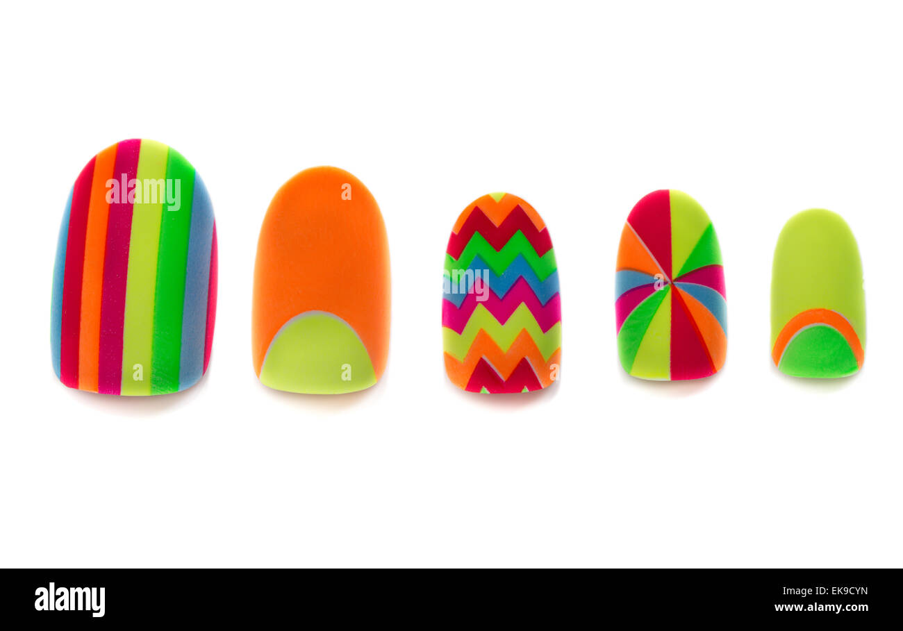 Colored, plastic artificial nails on a white background Stock Photo - Alamy