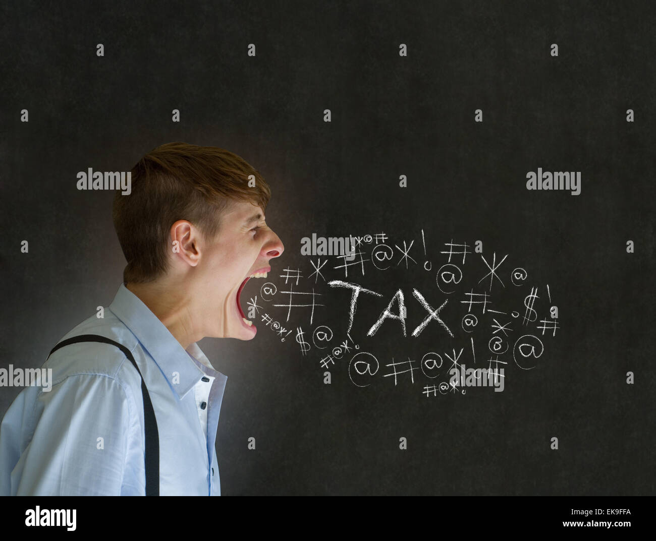 Angry man shouting at chalk income tax Stock Photo - Alamy