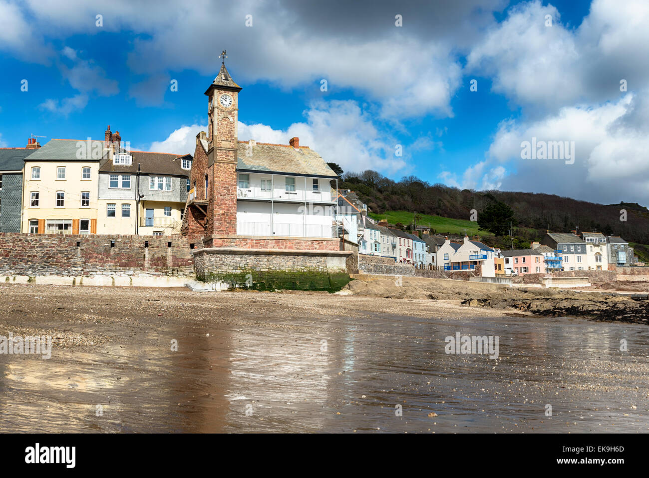 The beach and clock tower at the pretty village of Kingsand on the ...