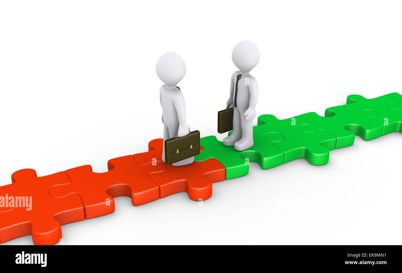 Two businessmen meet on puzzle path Stock Photo - Alamy