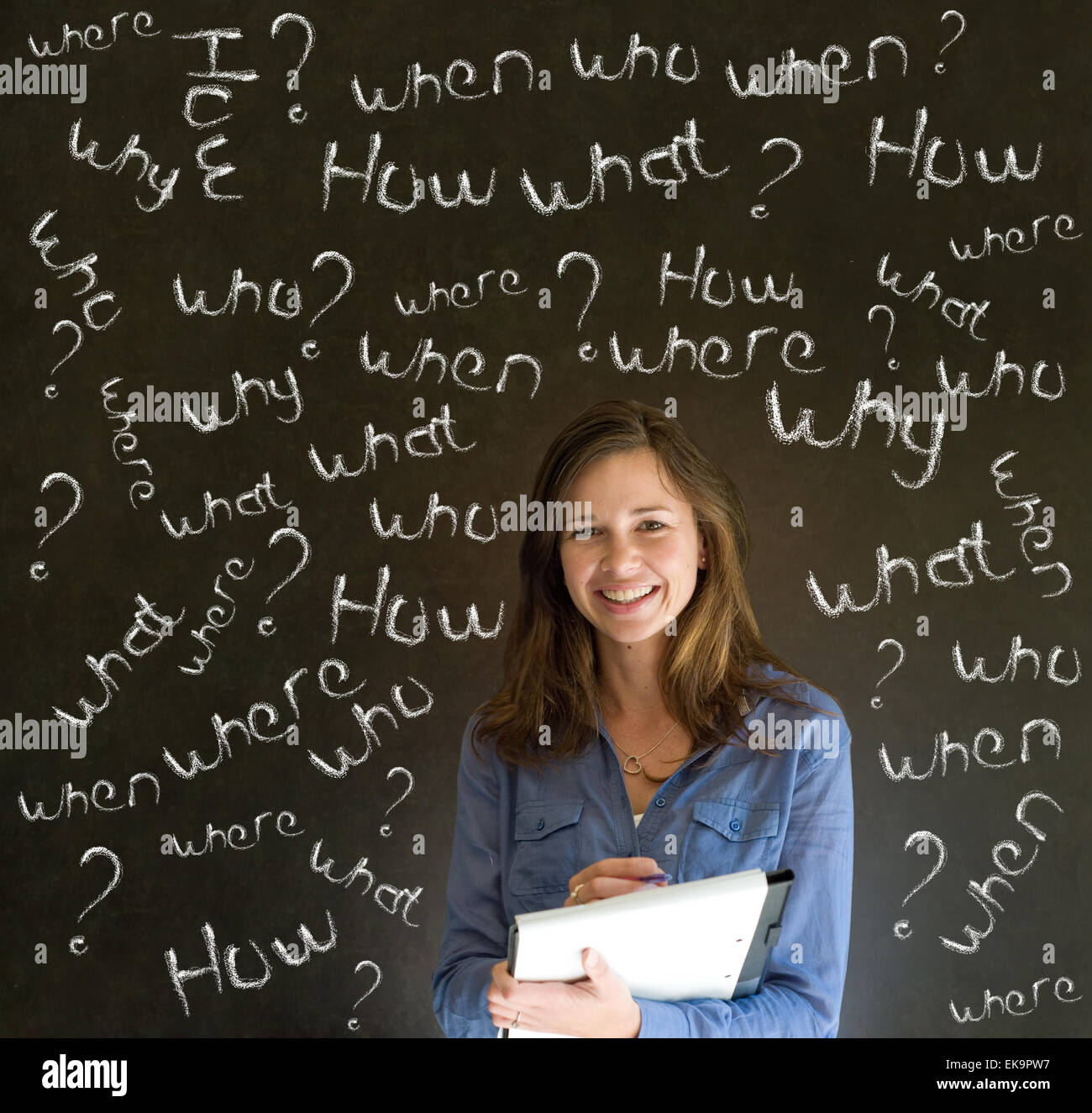 Thinking business woman with chalk questions Stock Photo - Alamy