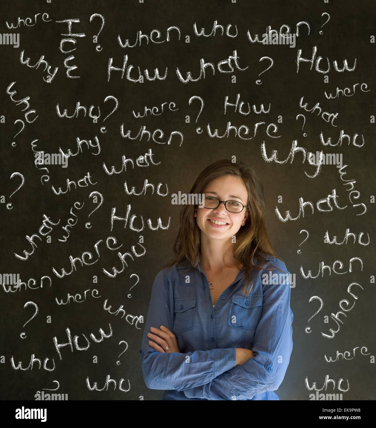 Thinking business woman with chalk questions Stock Photo - Alamy