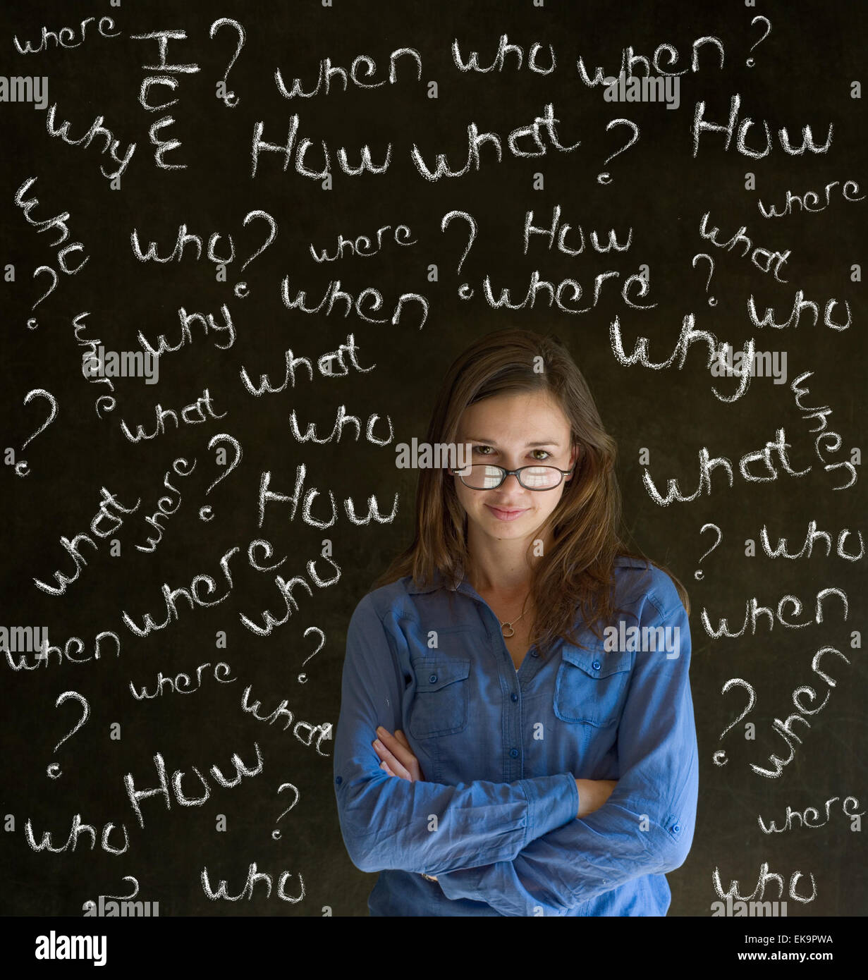 Thinking business woman with chalk questions Stock Photo - Alamy