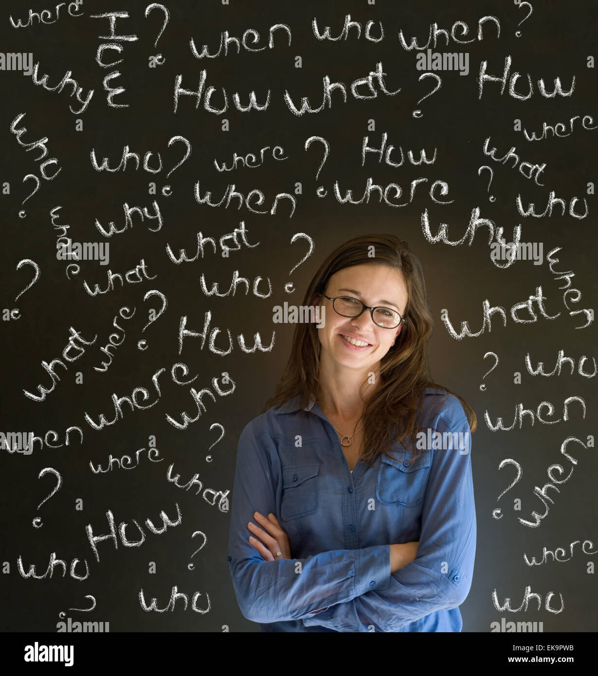 Thinking business woman with chalk questions Stock Photo - Alamy
