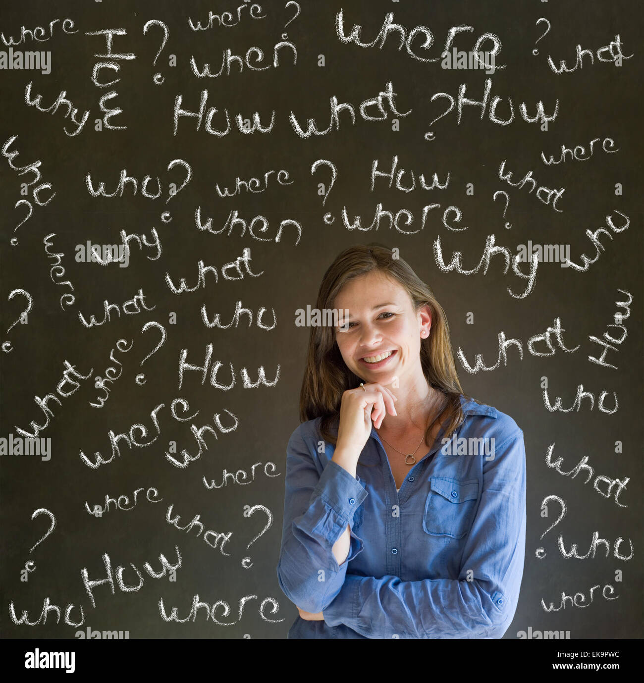 Thinking business woman with chalk questions Stock Photo - Alamy