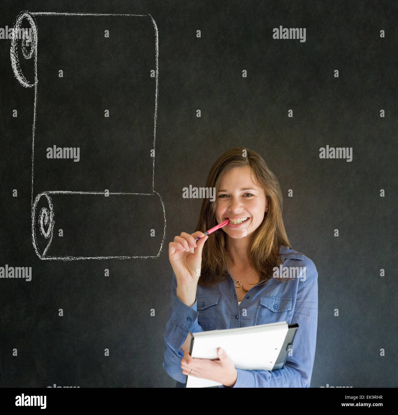 Woman, student or teacher with menu scroll checklist Stock Photo - Alamy