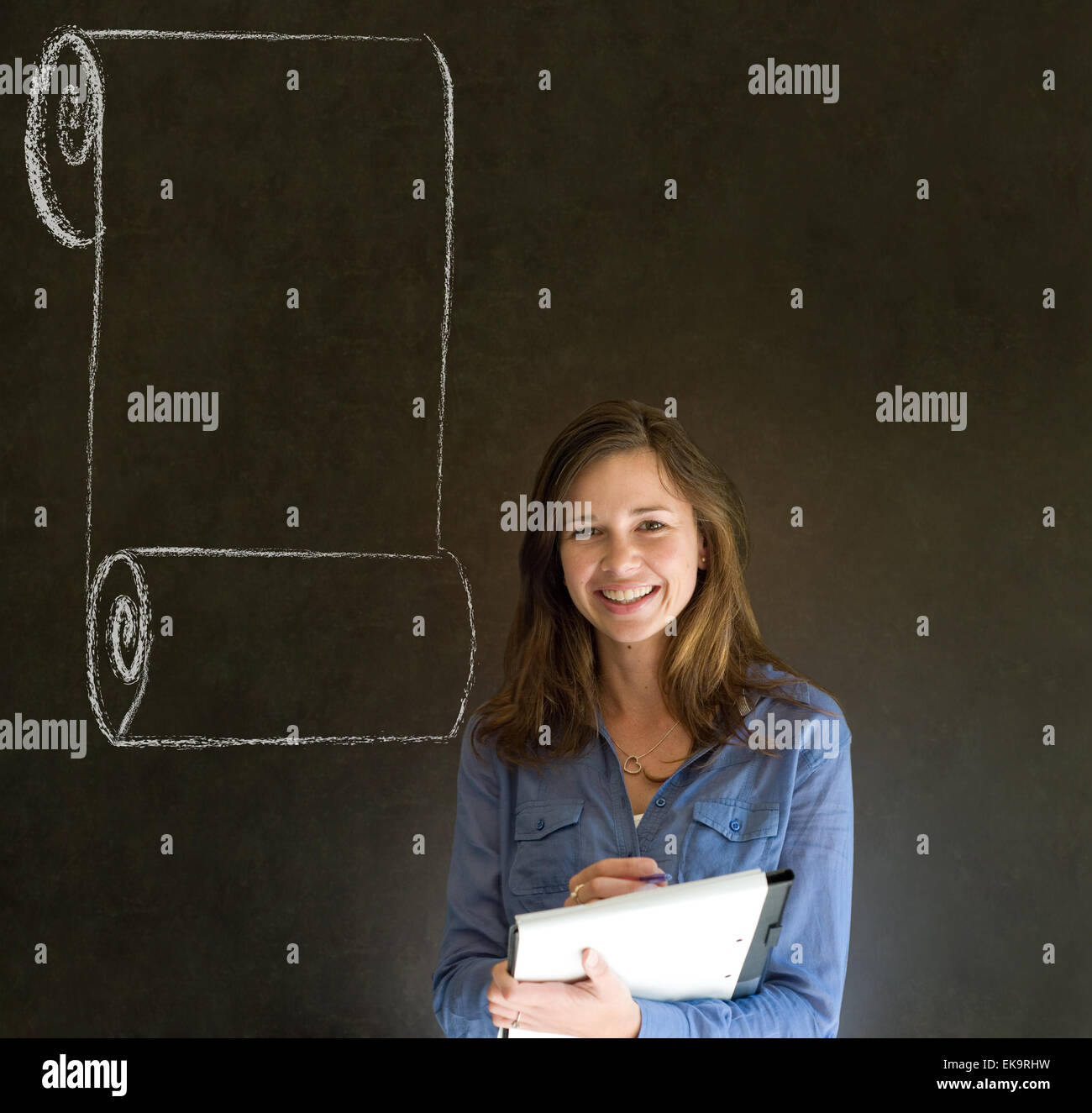 Woman, student or teacher with menu scroll checklist Stock Photo - Alamy