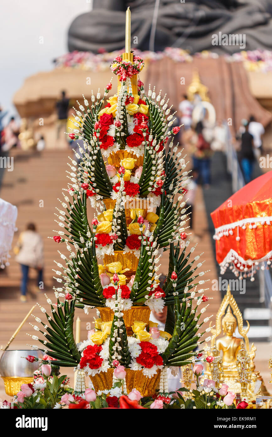 Banana leaf in Thai style flower decoration for buddhist sacrificial ...