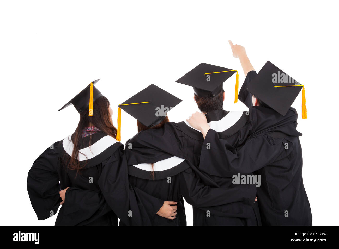 four graduate students pointing and looking up Stock Photo - Alamy