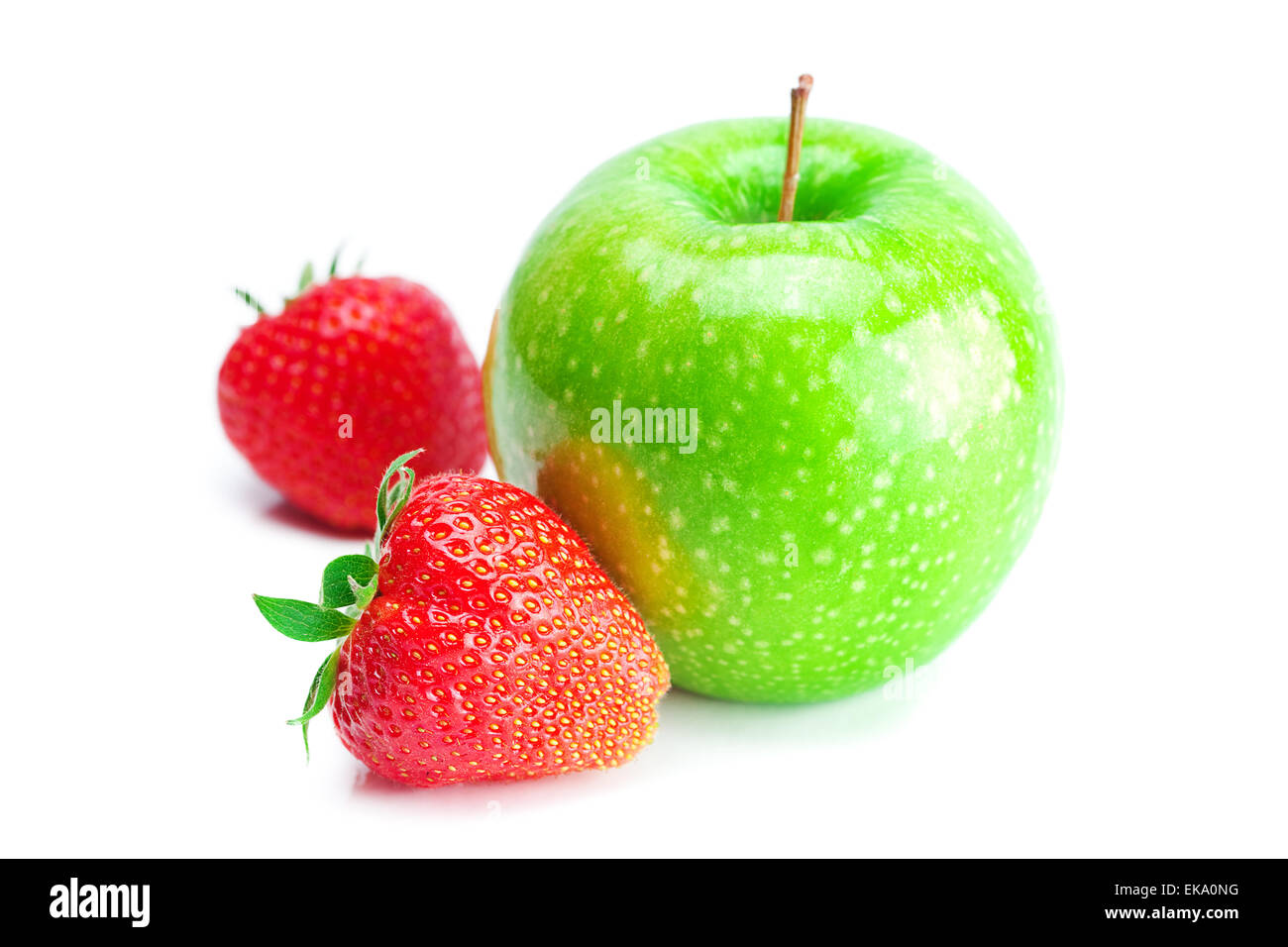 big juicy red ripe strawberries and apple isolated on white Stock Photo ...