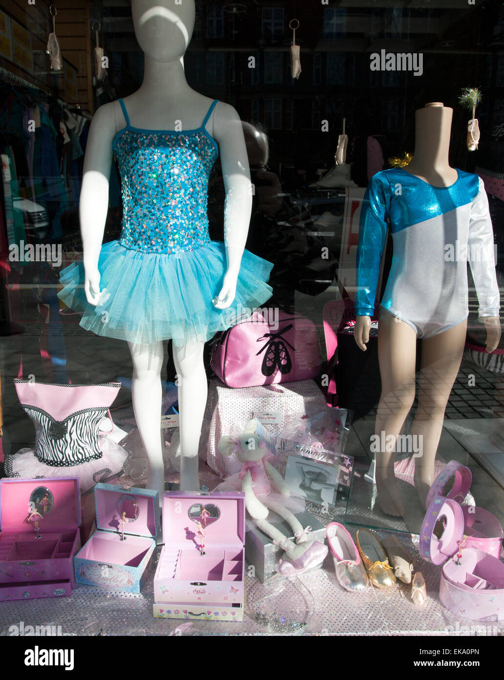 Children's ballet costumes displayed in shop window, London Stock Photo ...