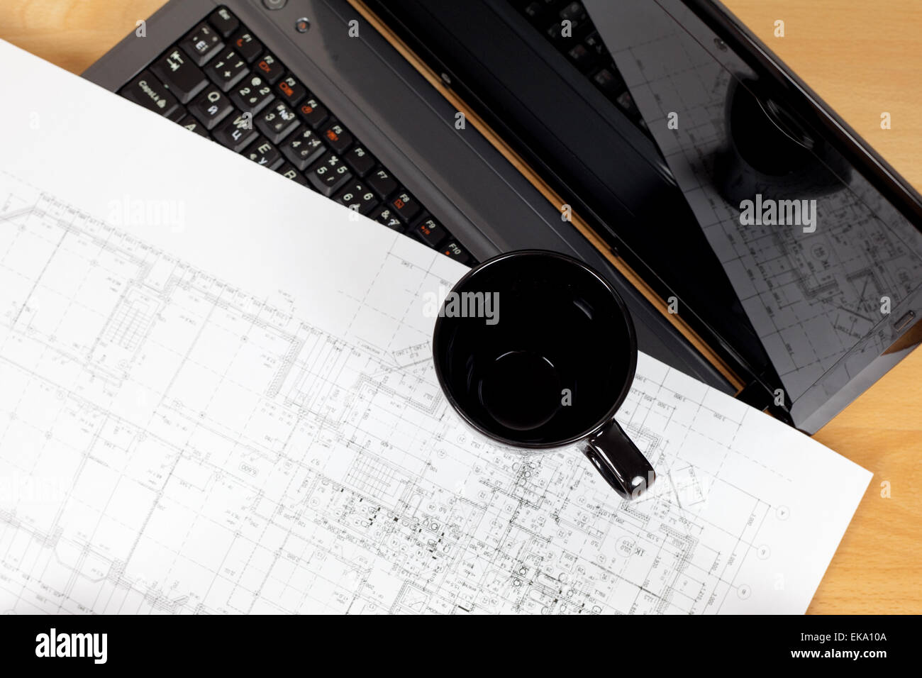 background of the architectural drawings,cup and laptop Stock Photo - Alamy