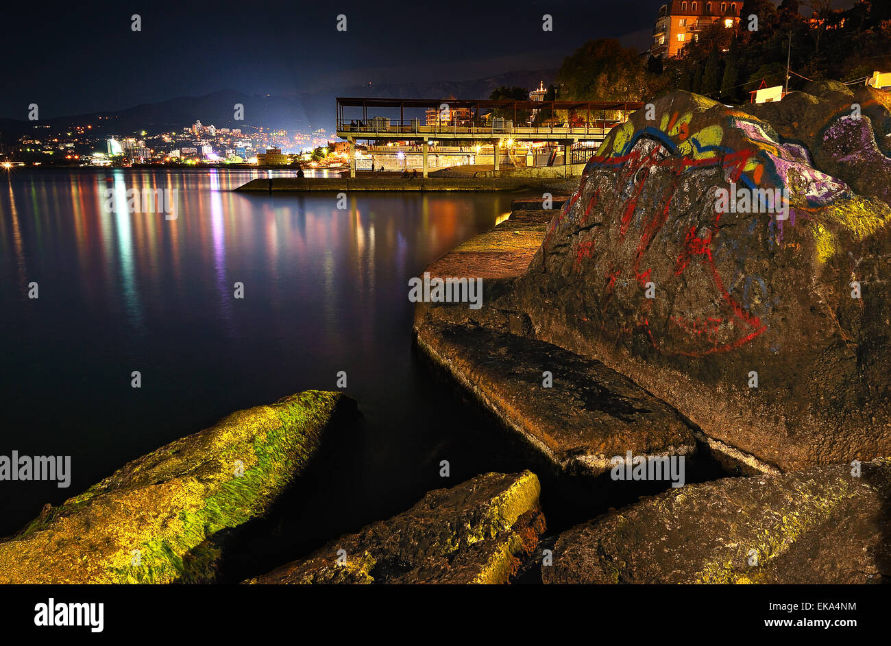 Mountains city at night. Black sea in Crimea Stock Photo - Alamy