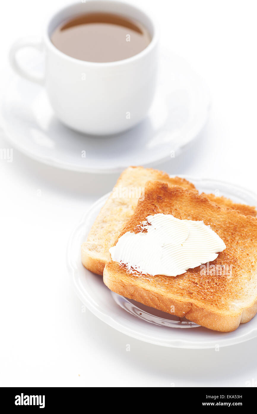 tea and toast with butter isolated on white Stock Photo - Alamy