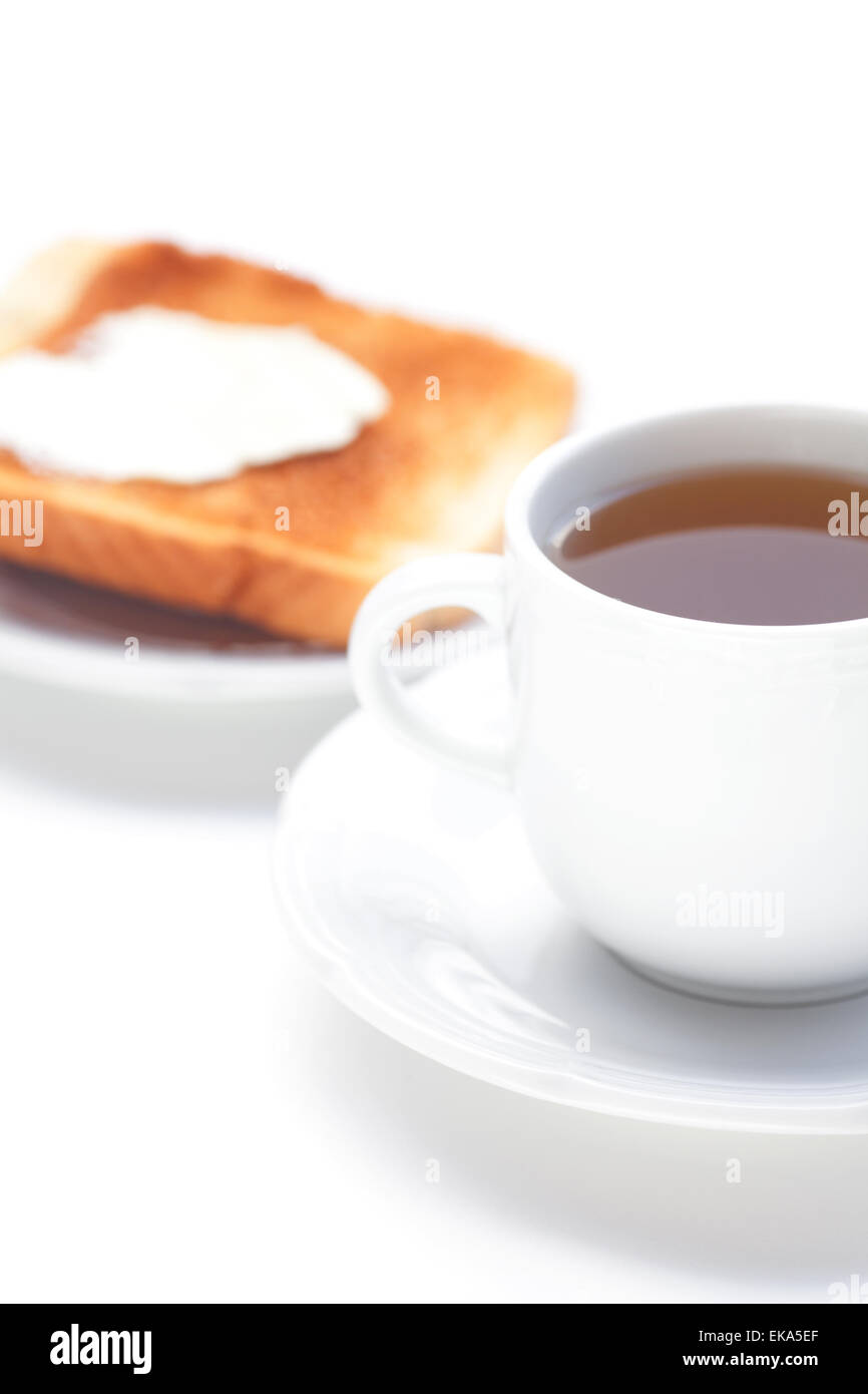 tea and toast with butter isolated on white Stock Photo - Alamy
