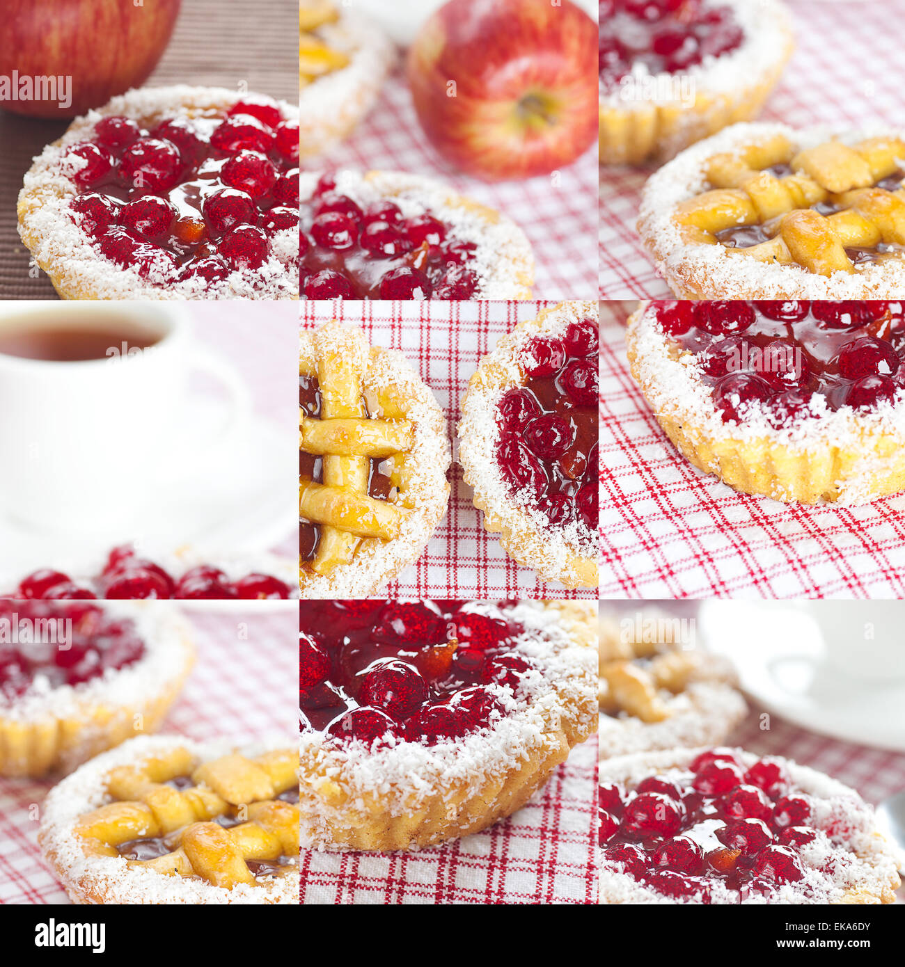 collage of beautiful cake with berries,apple and tea Stock Photo - Alamy