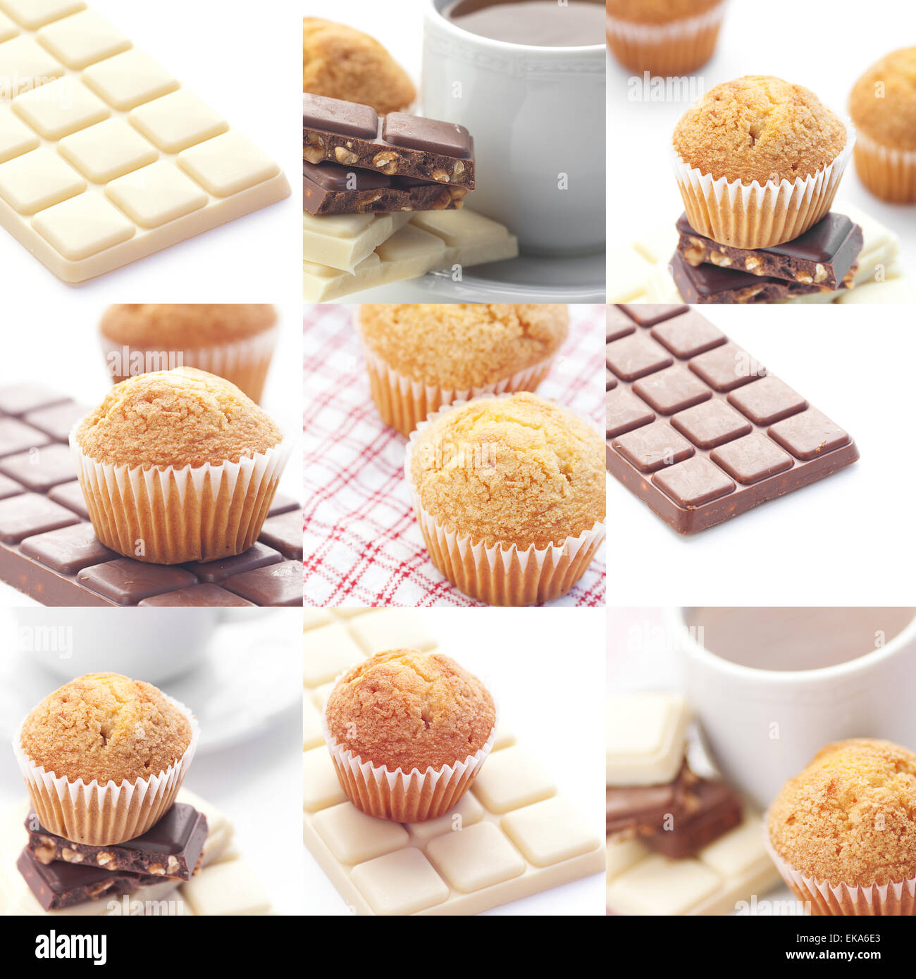 collage of bar of chocolate,tea and muffin Stock Photo - Alamy