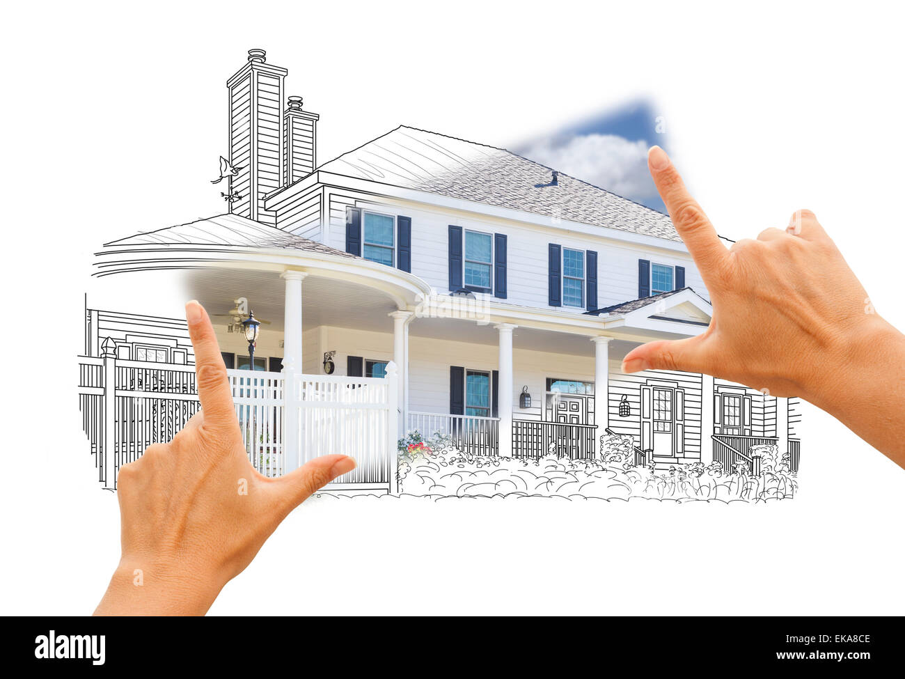 Hands Framing House Drawing and Photo Combination on White Stock Photo ...