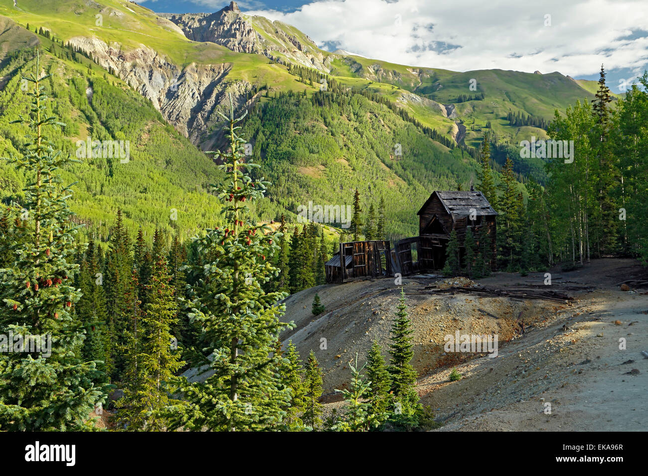 Cora Bell Mine ruins and surrounding mountains, near Ouray, Colorado ...