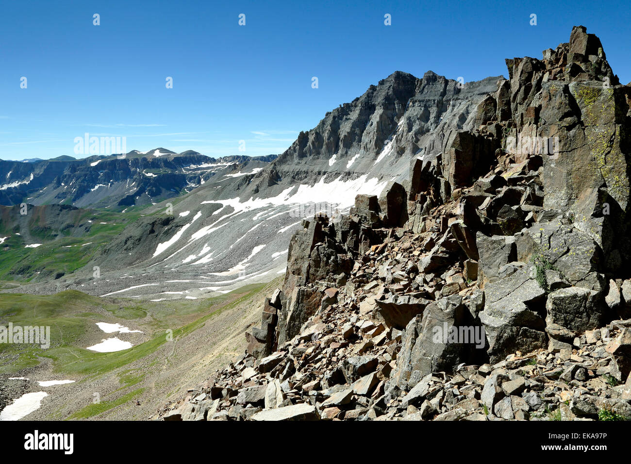 Rocks and Gilpin Peak from Blue Lakes Pass, near Ouray, Colorado USA ...