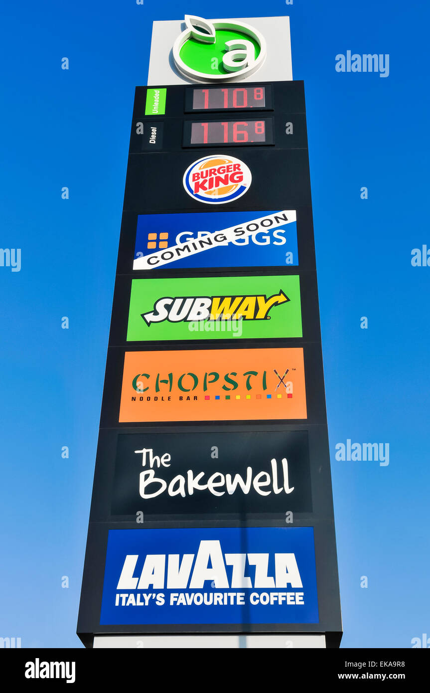 Sign at an Applegreen Service Station advertising Burger King, Greggs ...