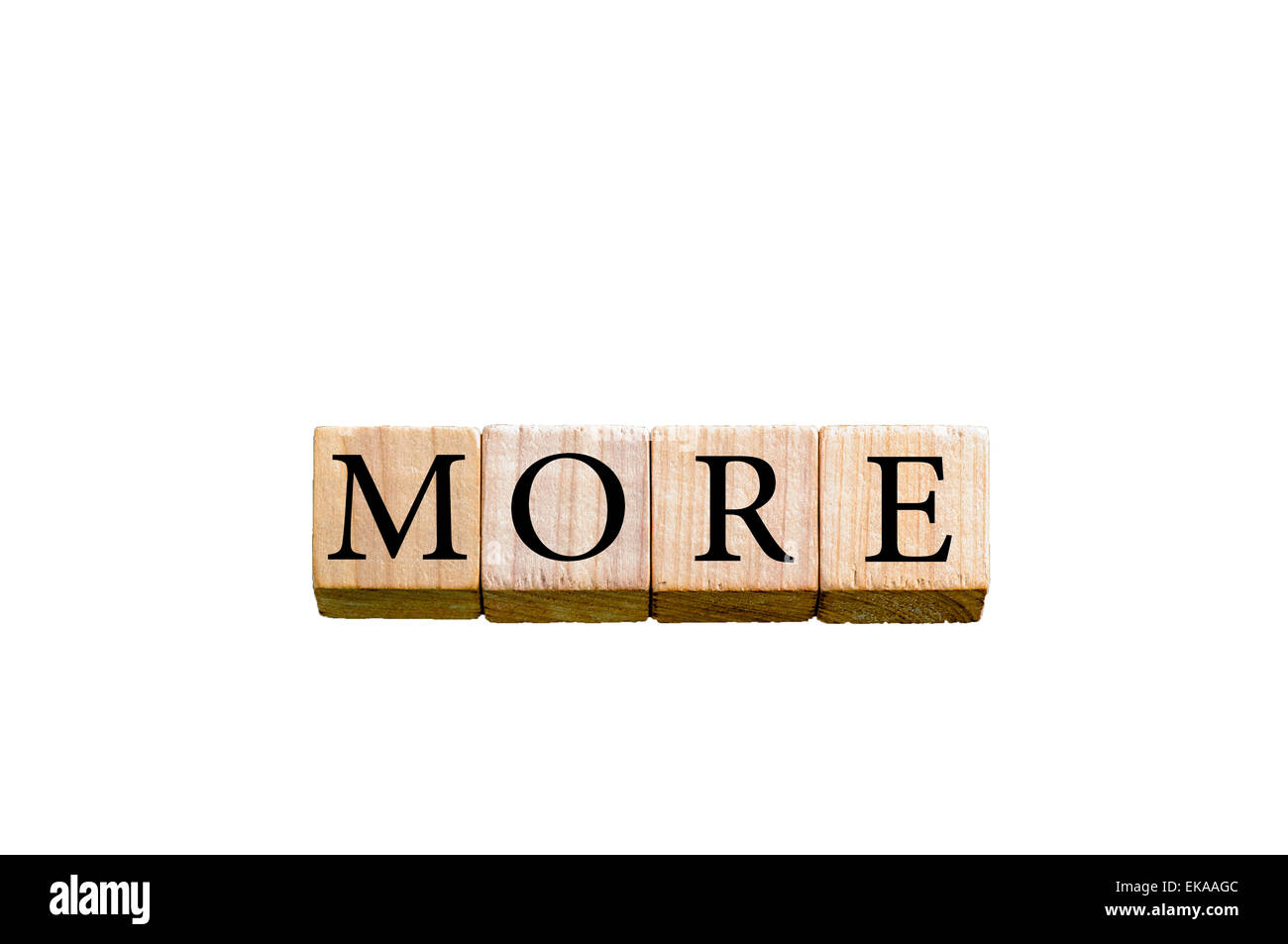 Word MORE. Wooden small cubes with letters isolated on white background ...