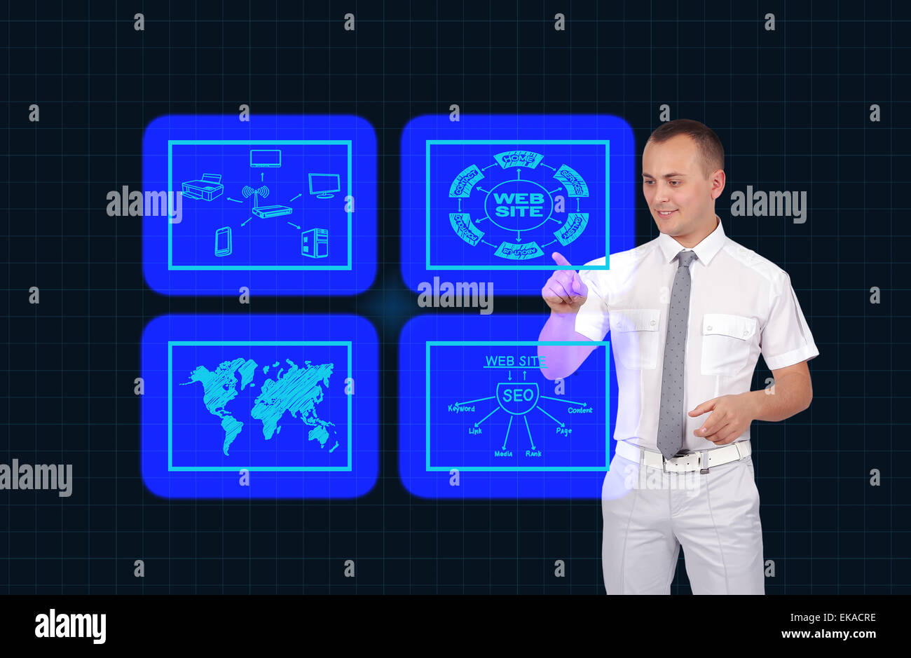 businessman pushing virtual touch screen with icons Stock Photo - Alamy