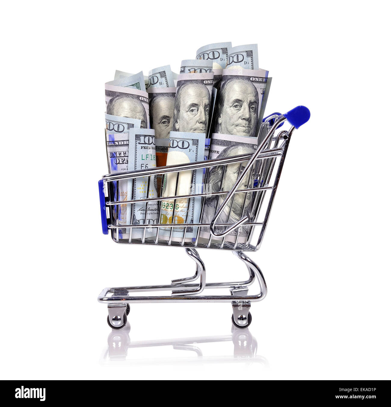 shopping cart with dollar bills on a white background Stock Photo - Alamy