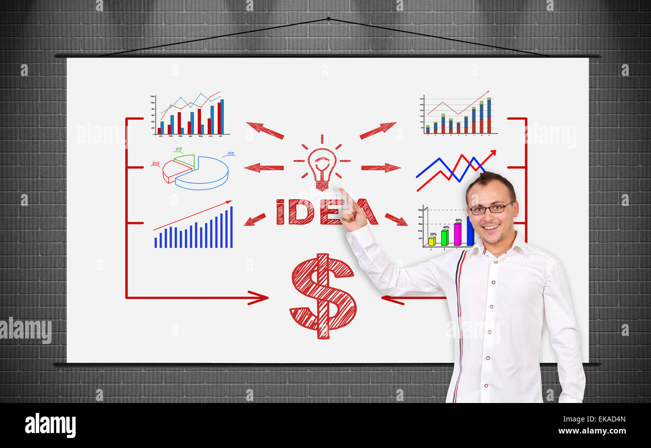 cheerful businessman pointing to poster with drawing success strategy ...