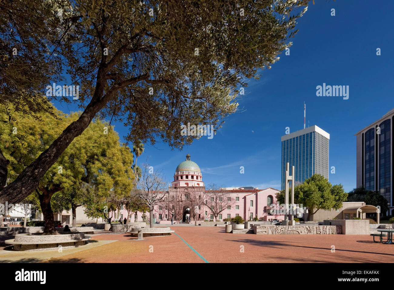 El Presidio Park, Tucson and the Pink Pima County Courthouse Stock ...