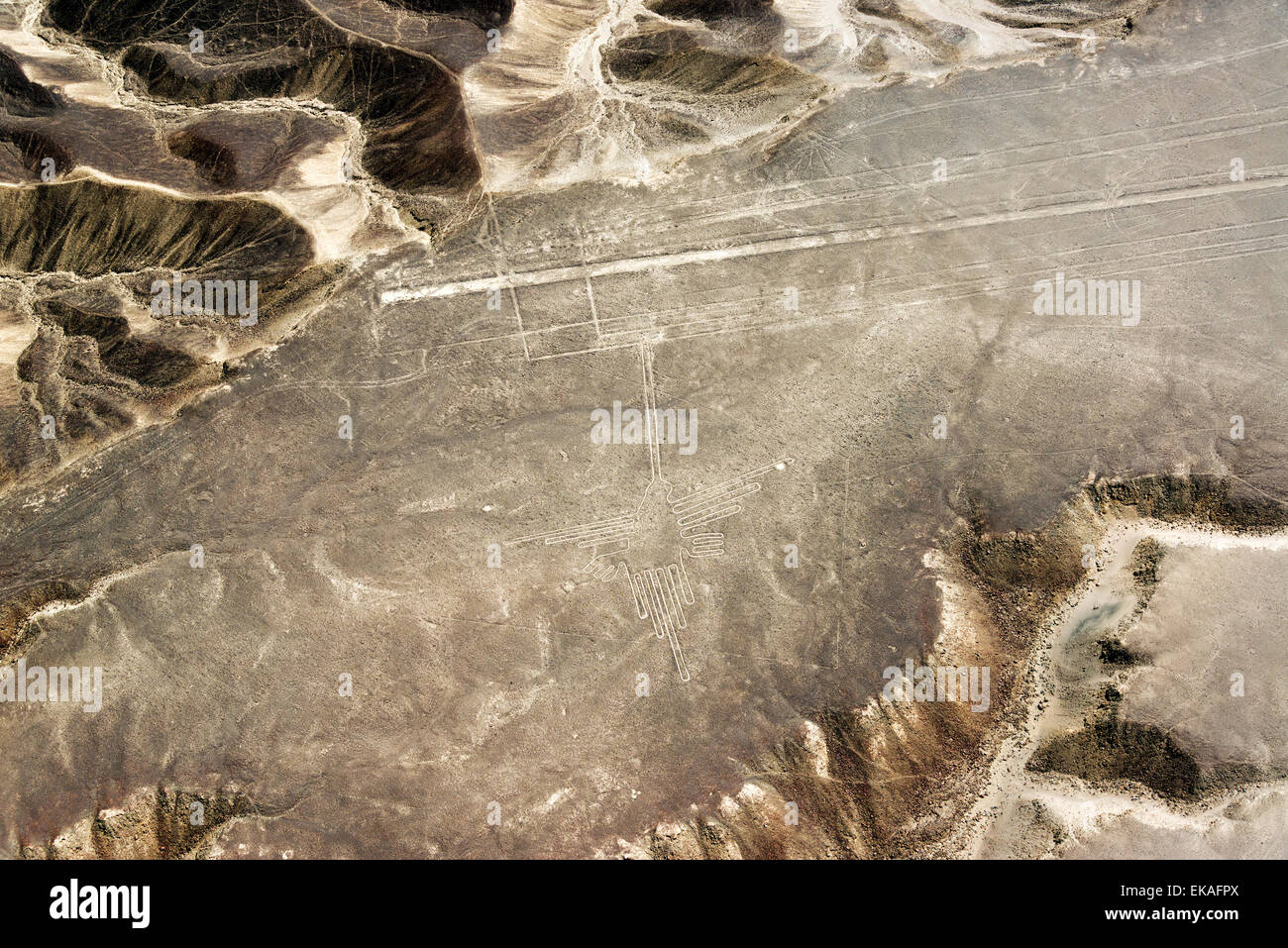 Nazca Lines hummingbird geoglyph and surrounding countryside in Peru ...