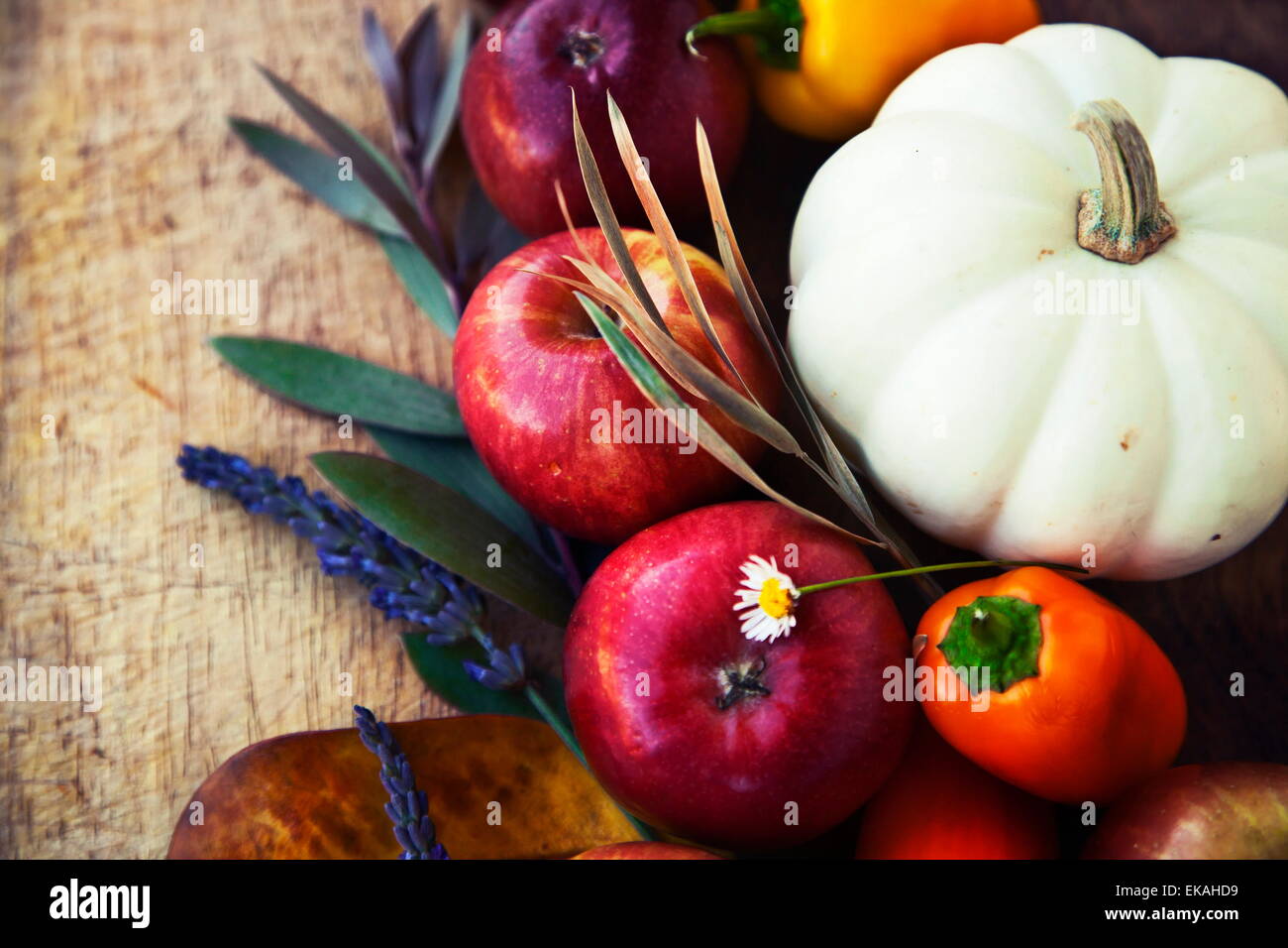Autumn concept background with seasonal fruits and vegetables, apples ...