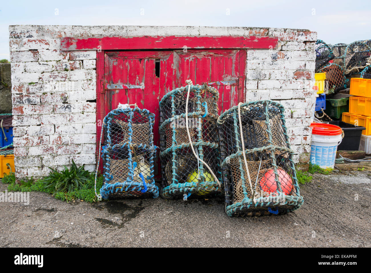 Fishing creels at the quayside Stock Photo - Alamy