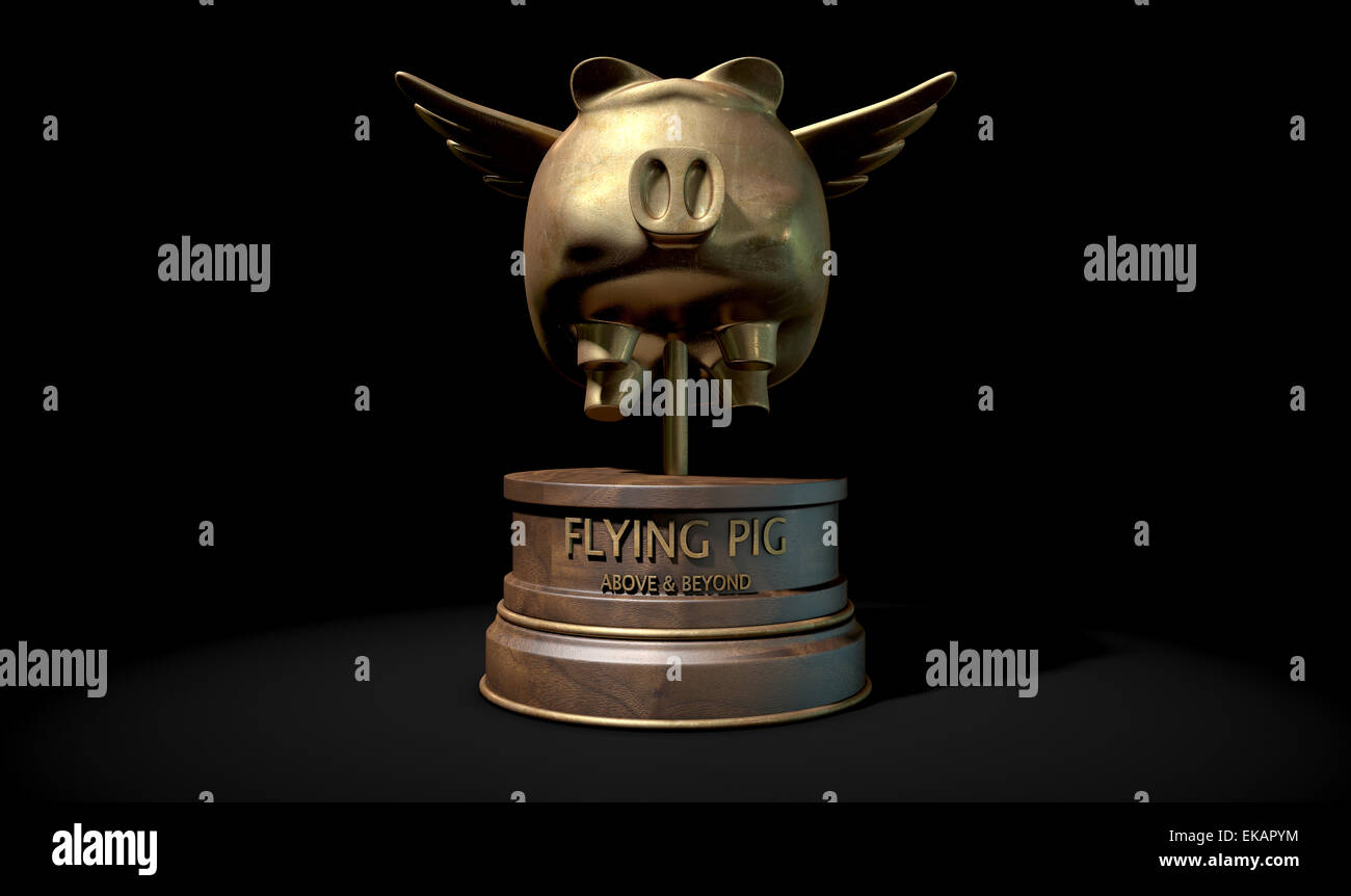 A gold trophy of a mythical flying pig on top of a wooden base and a ...