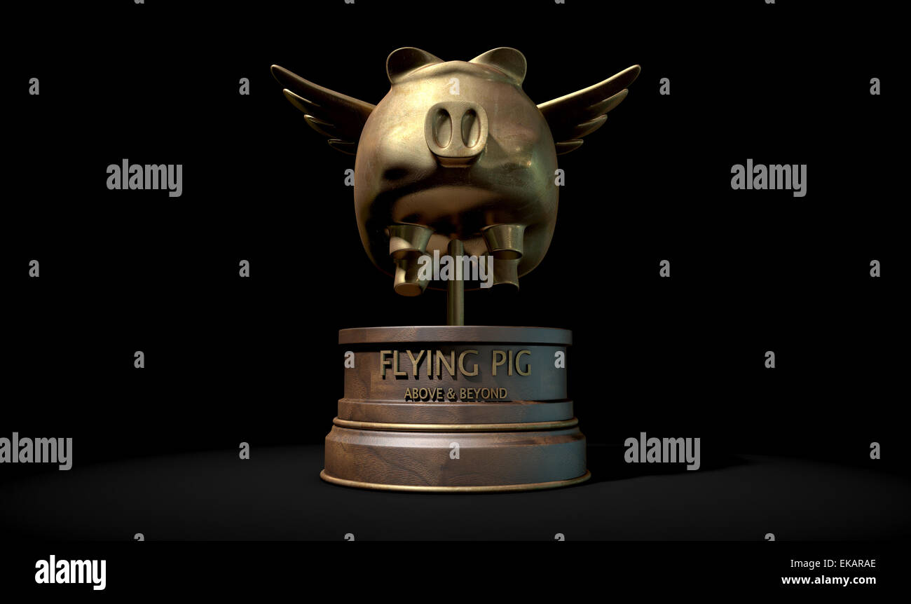 A gold trophy of a mythical flying pig on top of a wooden base and a ...