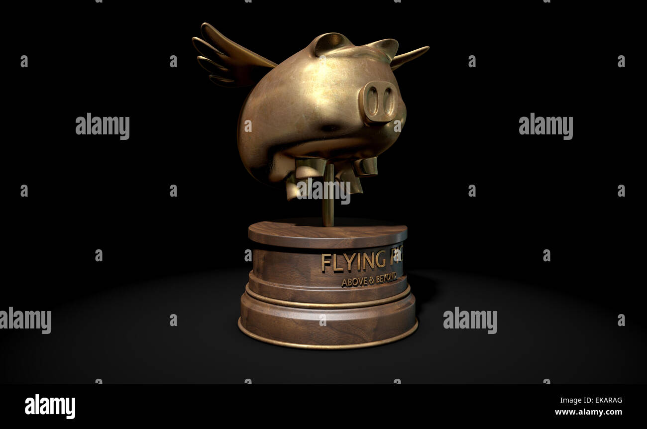 A gold trophy of a mythical flying pig on top of a wooden base and a ...