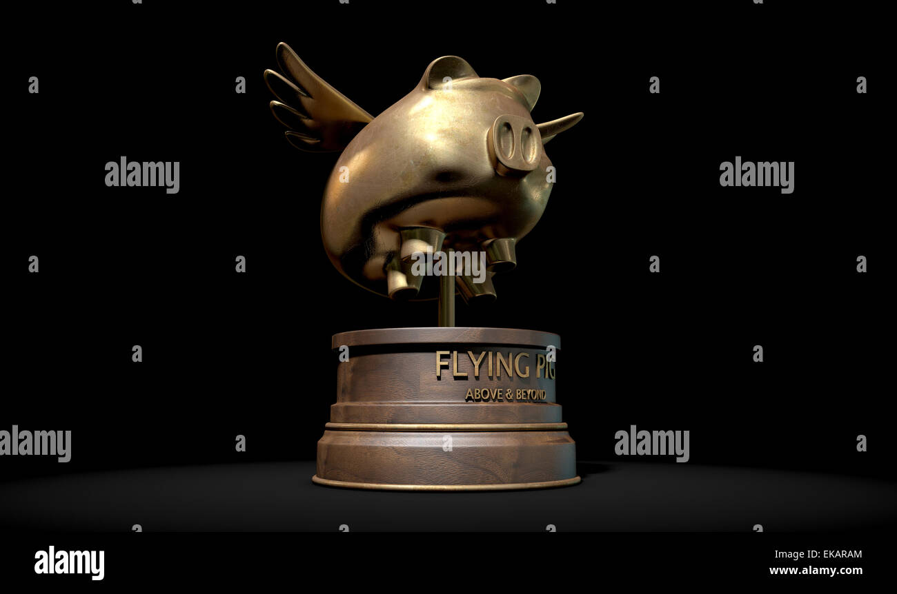 A gold trophy of a mythical flying pig on top of a wooden base and a ...