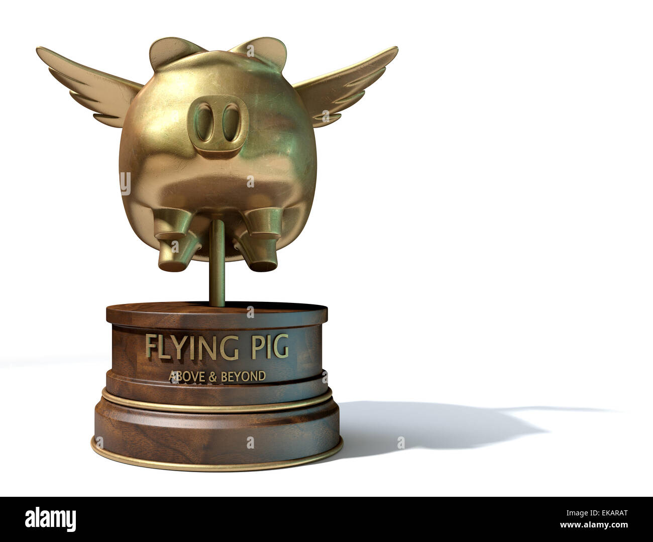 A gold trophy of a mythical flying pig on top of a wooden base and a ...