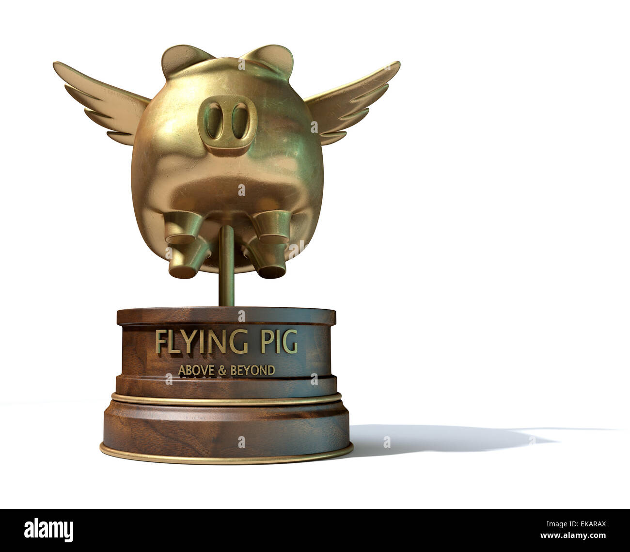 A gold trophy of a mythical flying pig on top of a wooden base and a ...