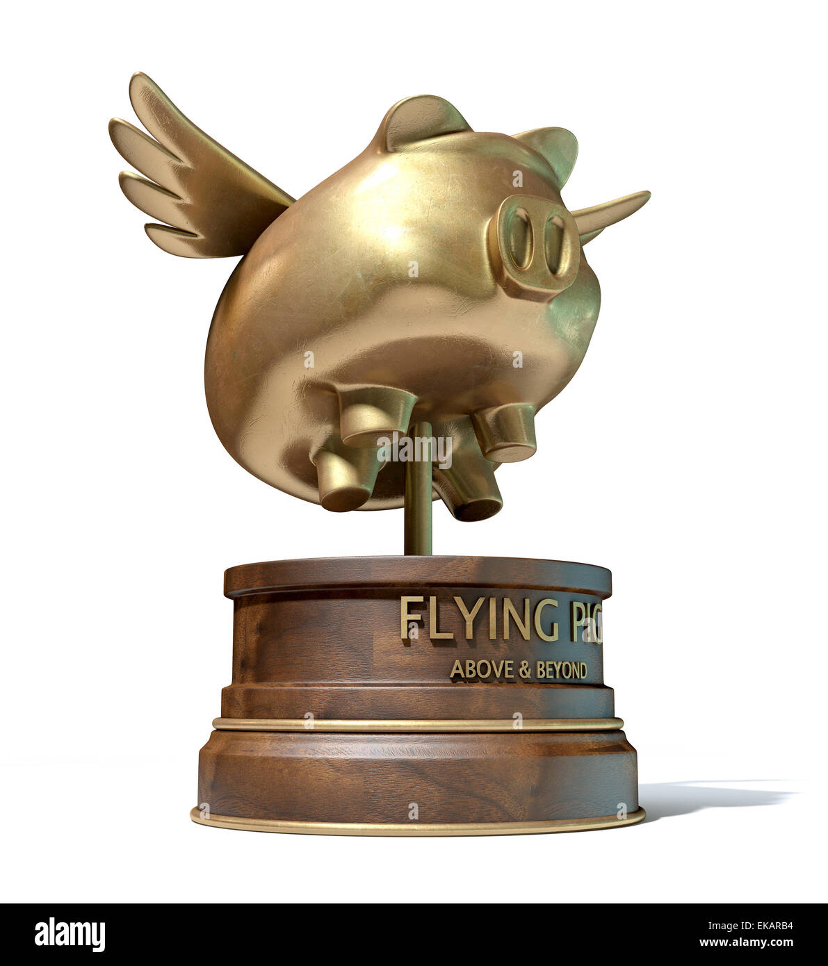 A gold trophy of a mythical flying pig on top of a wooden base and a ...