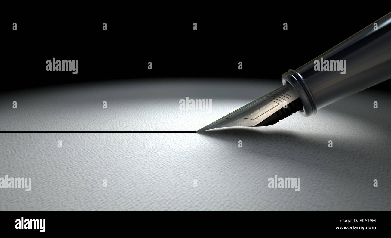 A side view closeup of the metal nib of an old fountain pen drawing a ...
