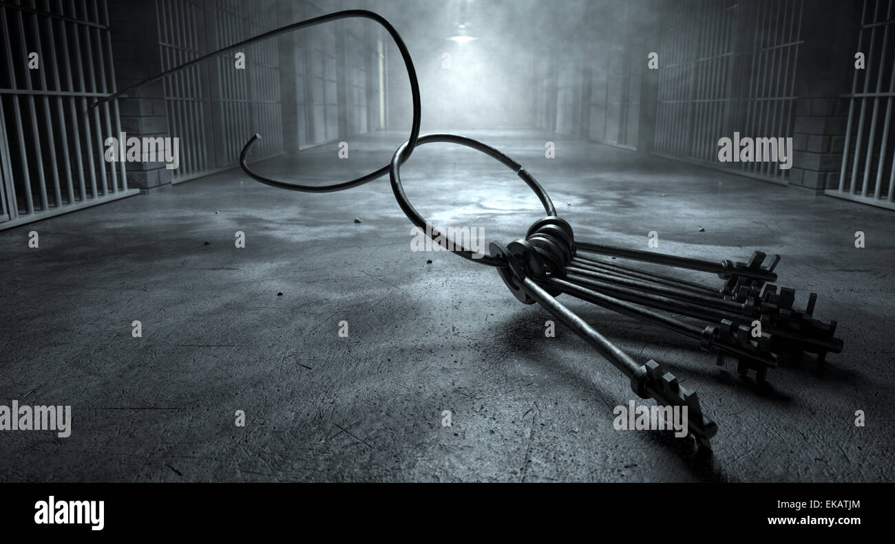 A concept image of an eerie corridor at night showing jail cells dimly ...