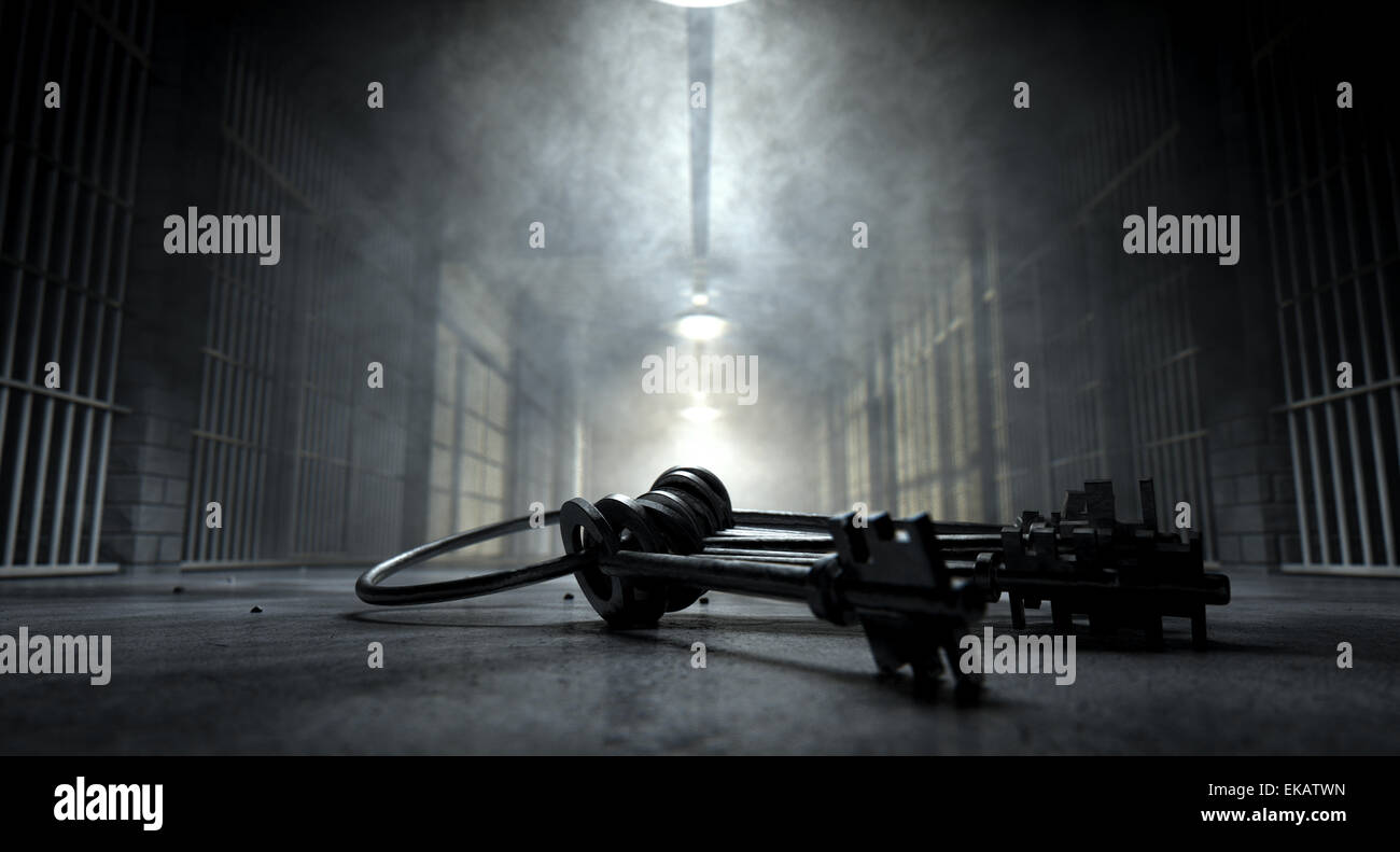 A concept image of an eerie corridor in a prison at night showing jail ...