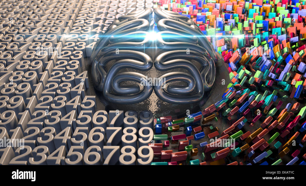 A stylized metal casting depicting a brain with the left side depicting ...